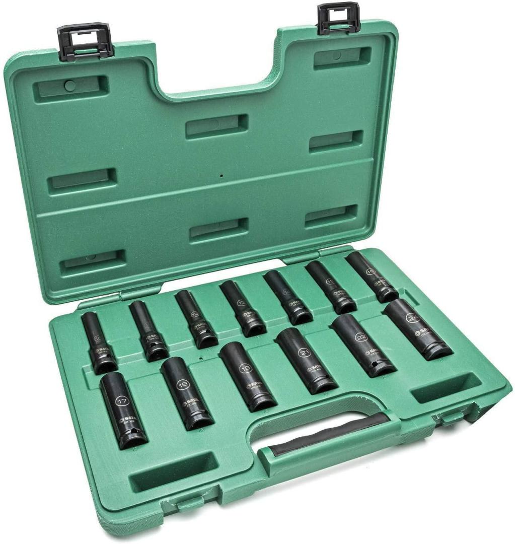 13Pc. 1/2" Drive 6 Point Metric Deep Thin Wall Impact Socket Set - SATA