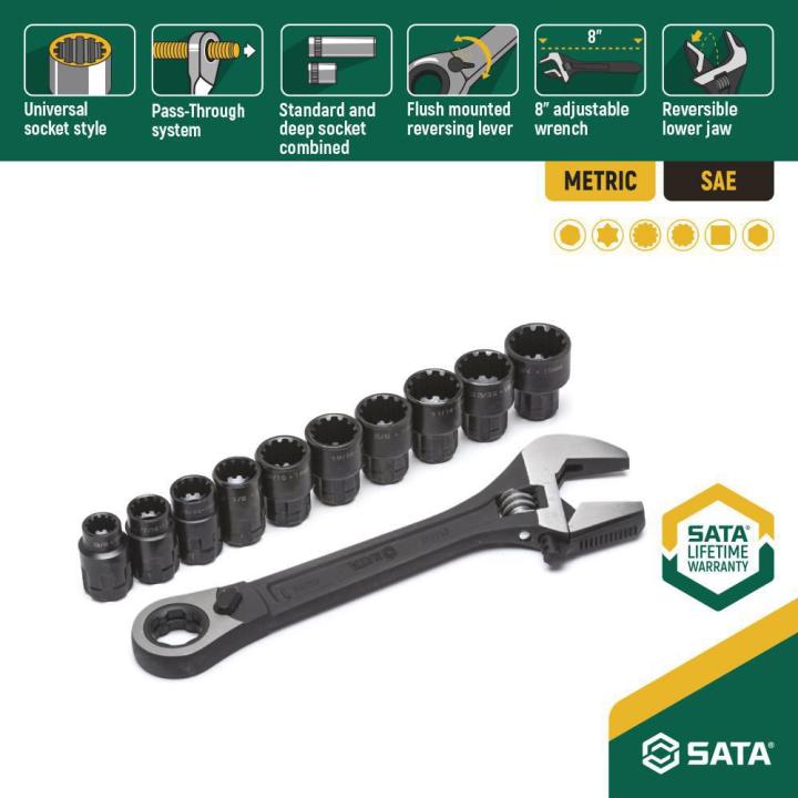 11 Pc. X6 Pass Thru Adjustable Wrench Set Black Edition SATA